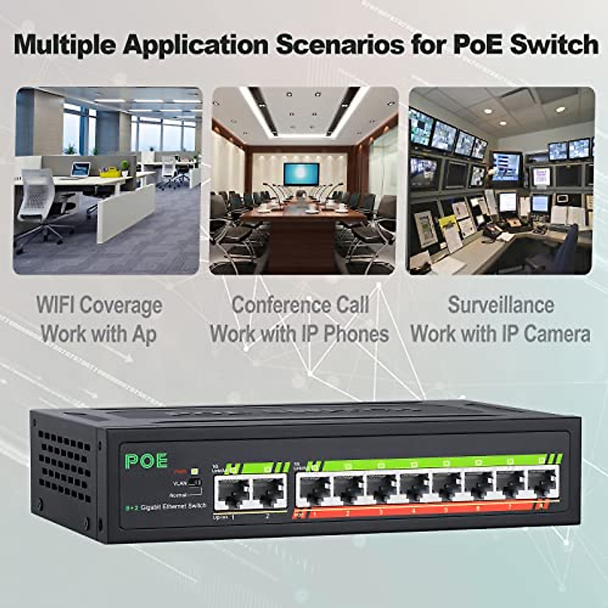 TEROW PoE Switch, 10 Port Gigabit Ethernet Network Switch( 8 PoE+ Port with 2 Extra Uplink Port), 802.3af/at Compliant | Plug & Play | Shielded Ports | Traffic Optimization | Fanless Quiet