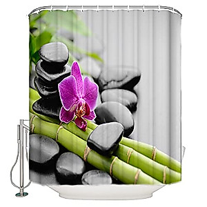 ZOE STORE 72" x 84" Shower Curtain with Hooks, Zen Basalt Stone Orchid Flower and - Waterproof Polyester Cloth Bath Curtains Sets for Bathroom Decoration
