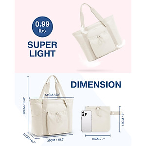 BAGSMART Women Foldable Tote Bag with Drawstring Storage Bag, Large Tote Bag Shoulder Bag Top Handle Handbag for Travel, Work, Beach, Gym, Shop, (Beige)