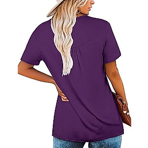 Mystry Zone Women's Vintage Short Sleeve Henley V Neck Pleated Tunic Shirt Purple Large