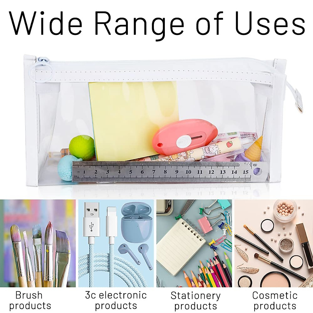 TIE-DailyNec 4 PCS Pencil Cases Pen Pouch Clear Transparent Marker Pouch with Zipper, Exam Pencil Storage Bag Travel Cosmetic Makeup Bag, Stationery Toiletries Organizer for Students Adults Teen