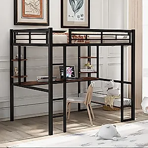 SOFTSEA Full Metal Loft Bed with Desk and Bookcase,Kid’s Industrial Style Loft Bed Full Size for Dorm Bedroom(Full,Black)