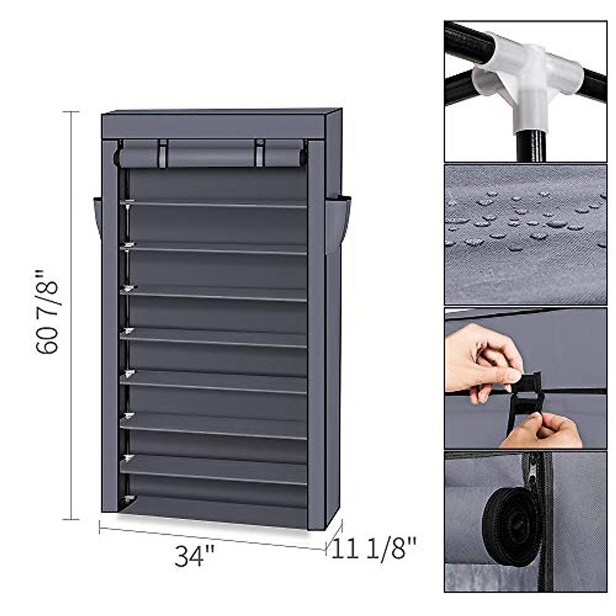 Shoe Rack 10 Tier Shoes Cabinet Storage Organizer Closet with Dustproof Nonwoven Fabric Cover, Store up to 45 Pairs of Shoes (Grey Extra-Wide)