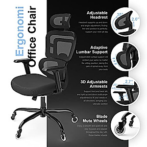 Ergonomic Office Chair - Mesh Office Chair High Back, Rolling Desk Chair, Executive Swivel Chair, Computer Chair with 3D Adjustable Armrest, 3D Lumbar Support, Blade Wheels, Adjustable Headrest