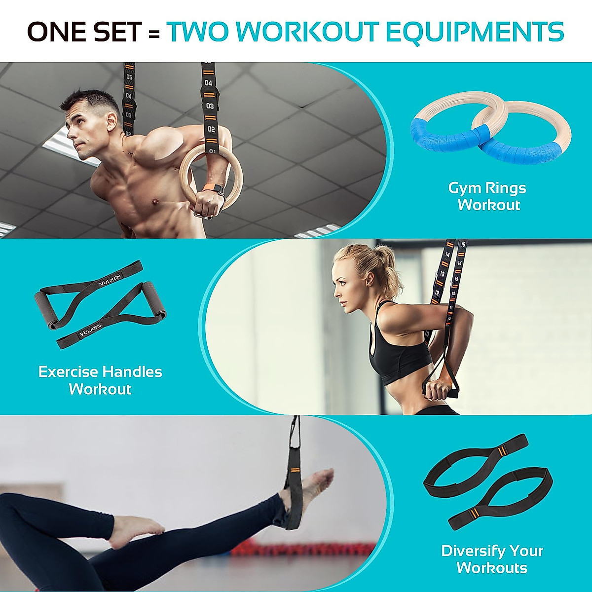 Vulken Wooden Gymnastic Rings with Adjustable Numbered Straps. 1.25'' Olympic Rings for Core Workout, Crossfit, Bodyweight Training. Home Gym Rings with 8.5ft Exercise Straps and Workout Handles. Blue