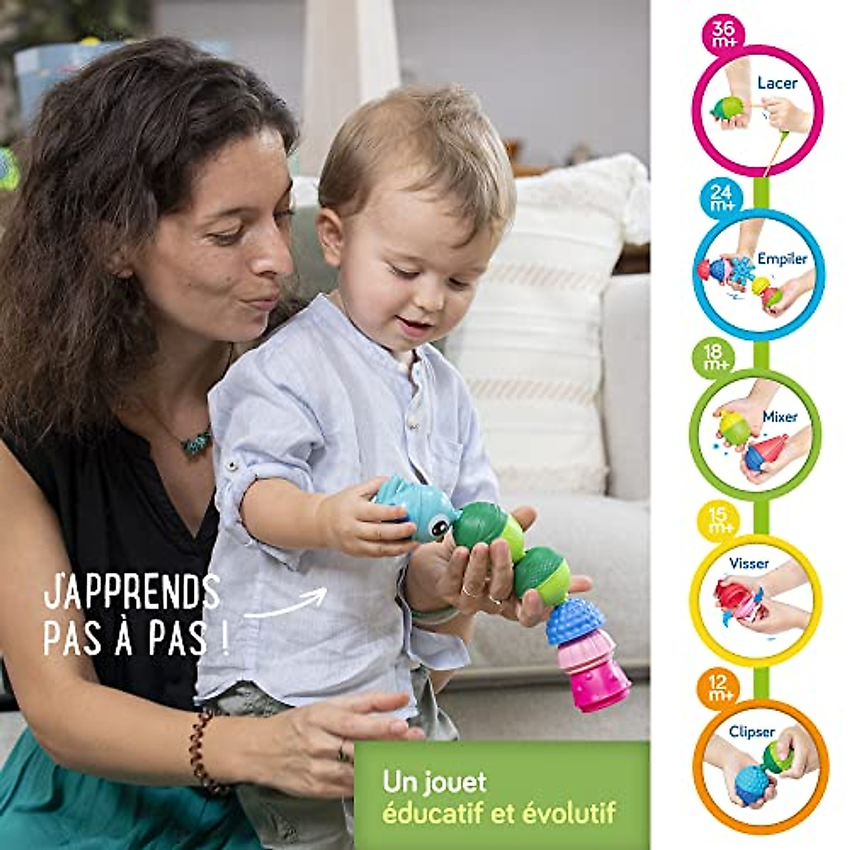 Lalaboom My First Step-by-Step Developmental Sensory 25 Piece Character Bead Activity Set – Pop, Twist, Mix, Stack, and Lace — Montessori Method STEM Focus – Dishwasher Safe - Ages 10 Months+ - BL320