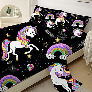 VTKON Black Unicorn Sheets Set Rainbow Unicorn Sheets Set Twin Unicorn Room Decor for Girls Twin Unicorn Bedding Set Includes 1 Flat Sheet + 1 Fitted Sheet + 1 Pillowcase