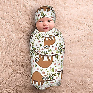Cute Sloth Newborn Swaddle Blanket and Hat Set Boy Girl, Soft Stretchy Baby Receiving Blanket Sleep Sack for Infants Gift