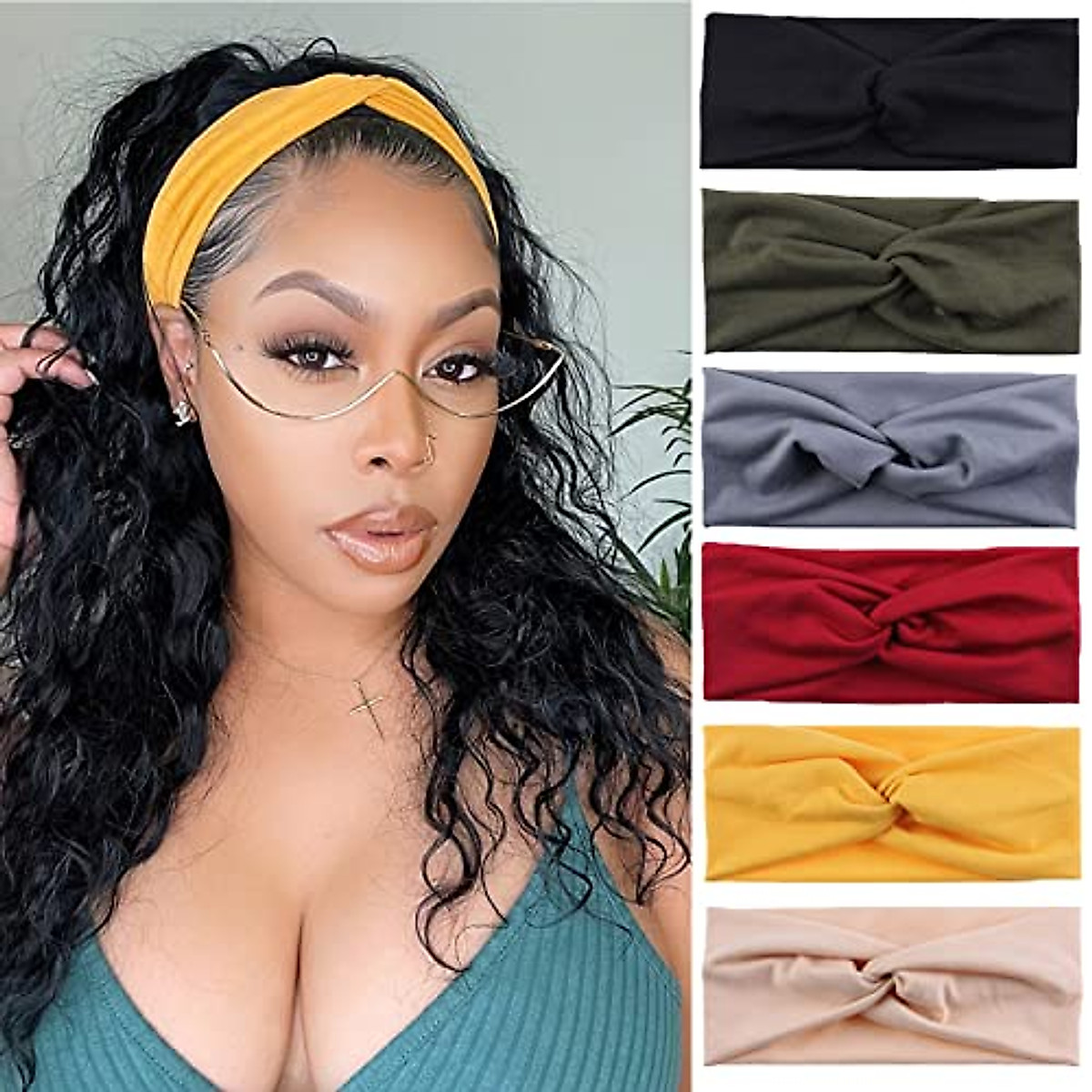 Xtrend 6 Pcs Women's Headbands Twisted Cross Elastic Headbands Yoga Workout Headbands Non-Slip Sweat Soft Headbands Solid Color Simple Versatile Hair Accessory Headbands