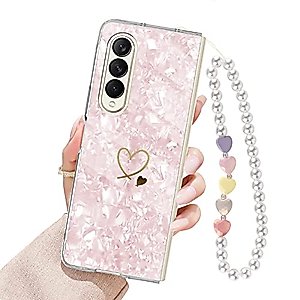 Newseego Case for Samsung Galaxy Z Fold 4 Case, Cute Love-Heart Pattern Shiny Shell Marble Design for Girls Women Soft TPU Shockproof Protective Case Cover with Colorful Heart Bracelet Chain -Pink
