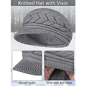 URATOT 3 Pieces Women Winter Hat Scarf Glove Set Warm Skull Beanie Hat with Visor Knitted Touch Screen Glove Scarf 3 In 1 Set