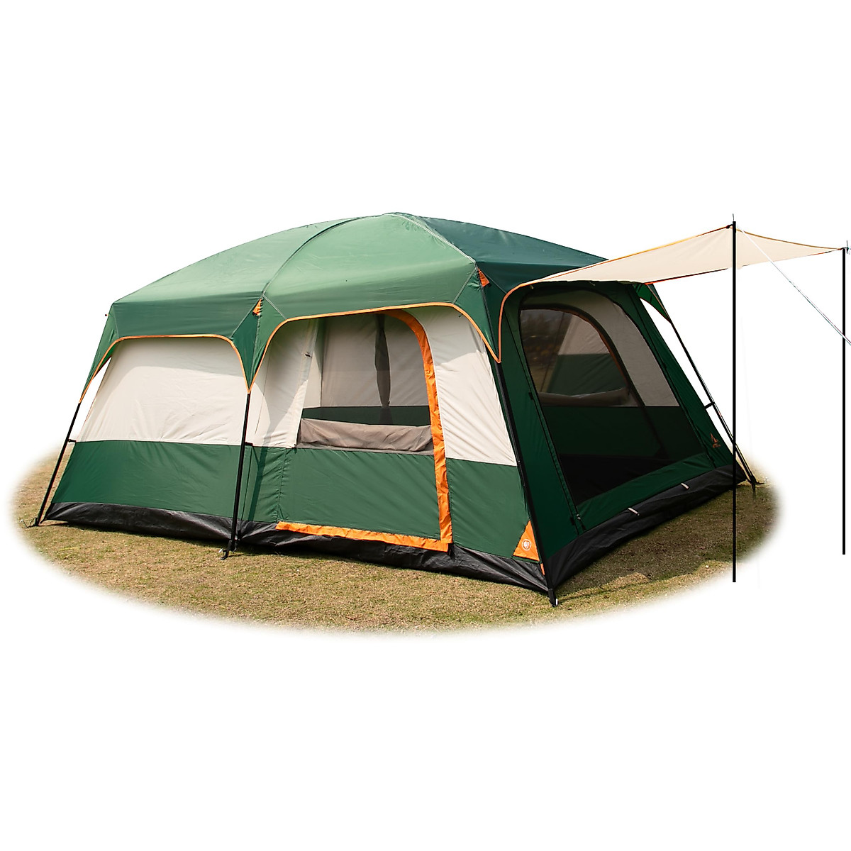 KTT Extra Large Tent 10-12 Person(B),Family Cabin Tents,2 Rooms,Straight Wall,3 Doors and 3 Windows with Mesh,Waterproof,Double Layer,Big Tent for Outdoor,Picnic,Camping,Family Gathering(Green)