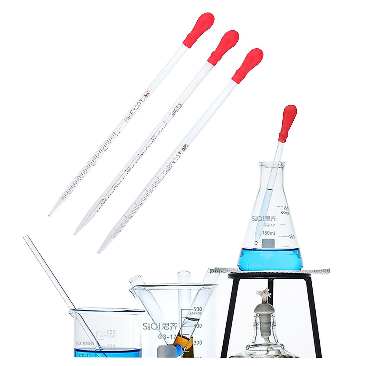 luckkyme 5PCS Glass Pipettes Dropper, 1ml 2ml 3ml 5ml 10ml Graduated Liquid Dropper, 2PCS Rubber Bulb, 2PCS Glass Stir Sticks Cleaning Brush, Transfer Pipettes