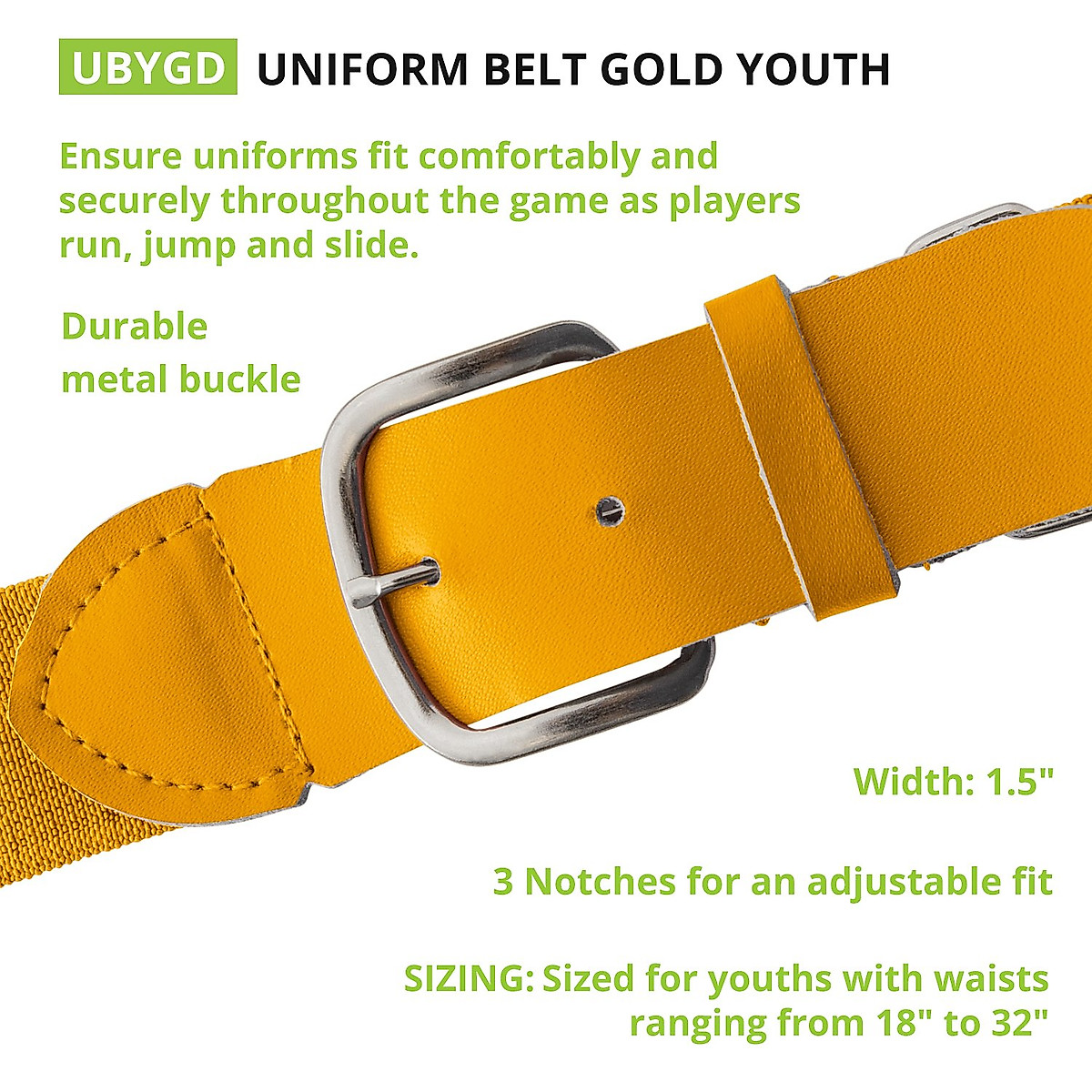 Champion Sports Baseball/Softball Uniform Belt - Comfort Stretch Fit Uniform Belt - Durable Syntex Tab - Youth: 18"-32" - Golden Yellow