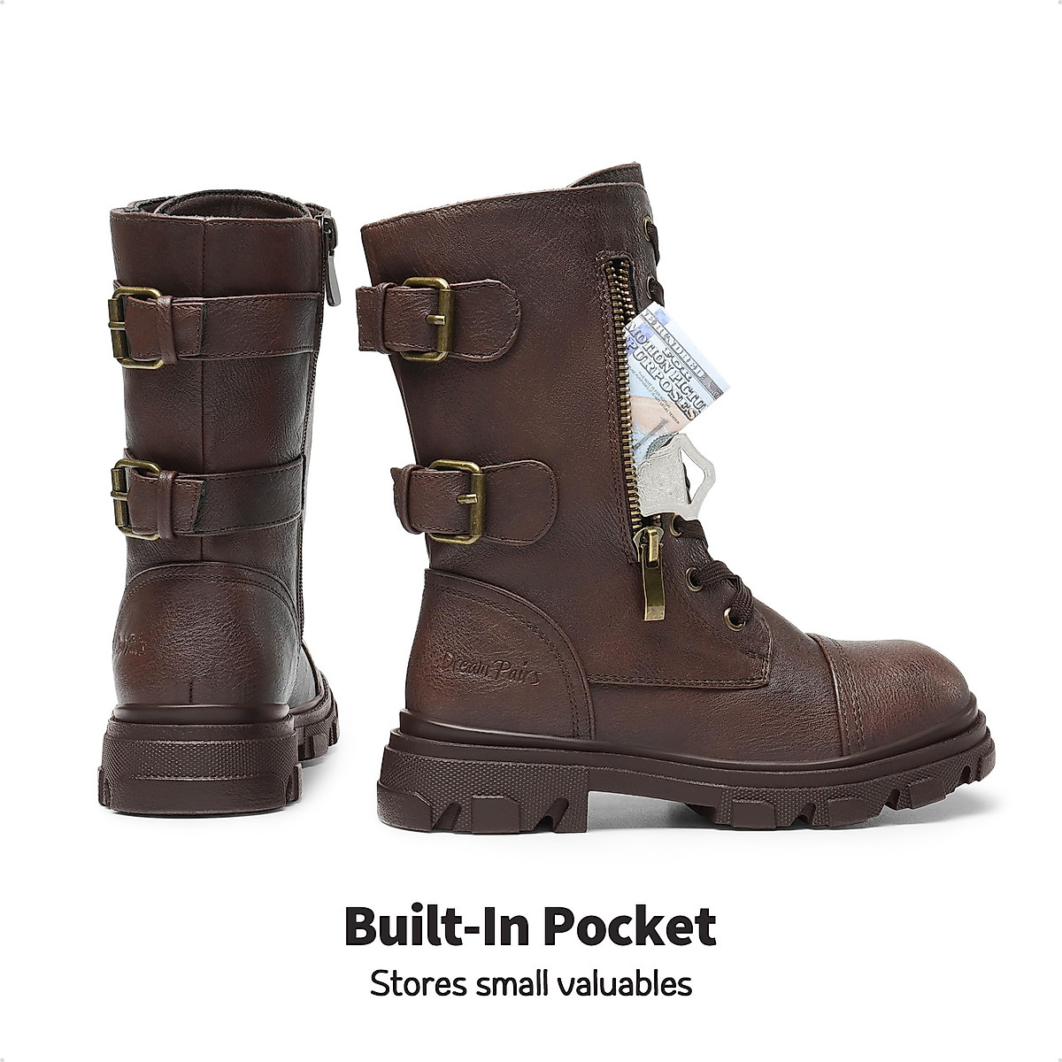 DREAM PAIRS Girls Combat Boots Side Zipper Ankle Booties SDBO2306K Size 6 Big Kid Brown
