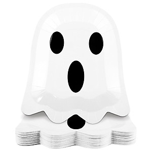 TWOWYHI 50Pcs Halloween White Ghost Paper Plates Disposable White Ghost Shaped Dessert Dinner Plates for Halloween Themed Party 9.8 x 8.7Inch