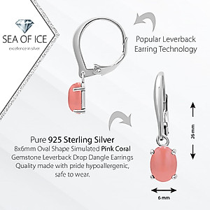 925 Sterling Silver 8x6mm Oval Shape Genuine or Simulated Gemstone Leverback Drop Dangle Earrings, Pink Coral