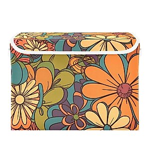 Vnurnrn Storage Bin with Lid Collapsible Hippie Florals Print, Large Capacity Foldable Storage Basket Cube for Clothes Toys 16.5×12.6×11.8 IN