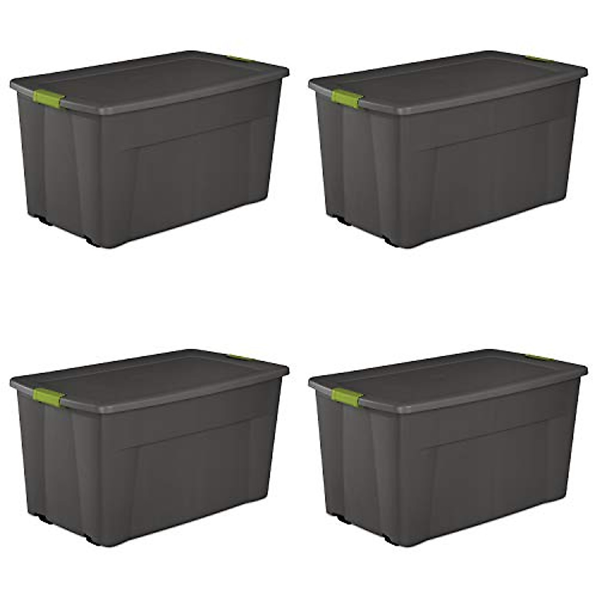 Sterilite 19483V04 45 Gallon/170 Liter Wheeled Latch Tote, Flat Gray with Soft Fern Latches and Black Wheels, 4-Pack