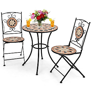 Tangkula 3 Pieces Patio Bistro Set, Outdoor Garden Furniture Set with Round Mosaic Coffee Table & 2 Folding Chairs, Portable Bistro Table & Chair Set for Balcony, Backyard, Poolside, Porch, Balcony