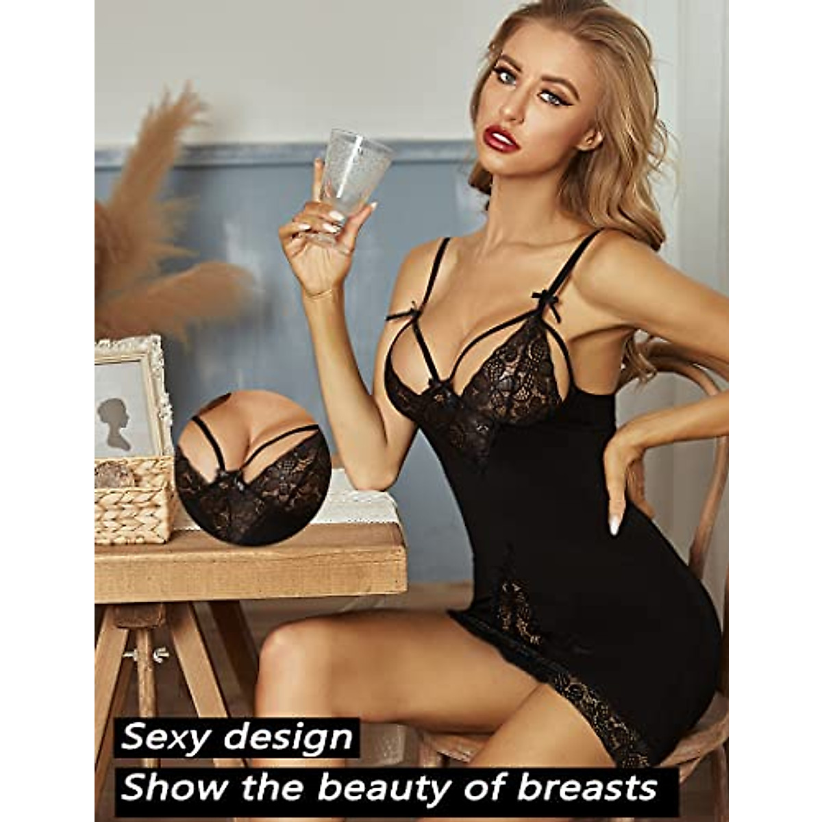 Avidlove Women Chemises Lingerie Lace Babydoll Sleepwear Sexy Full Slips Mini Dress Black X-Large