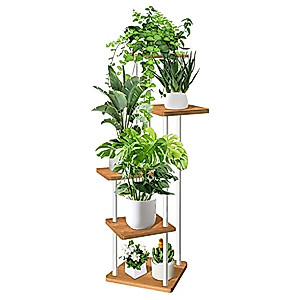 YOCOMEY 5 Tier Wood Tall Plant Stand Metal Rack Indoor, Multiple Flower Pot Holder Shelves Corner Rack, Planter Shelf Display Rack Storage Organizer for Patio Living Room Balcony Garden(White)