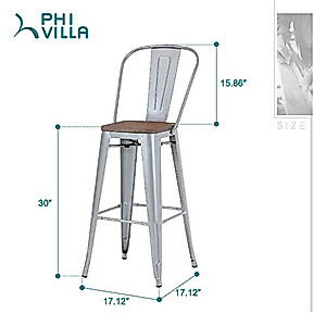 PHI VILLA Metal Patio Bar Stools Set of 4, 30 inches Counter Height Stools with Wooden Seat and High Back, Industrial Style Bar Chairs for Indoor & Outdoor, Pub, Kitchen Island - Matte Grey