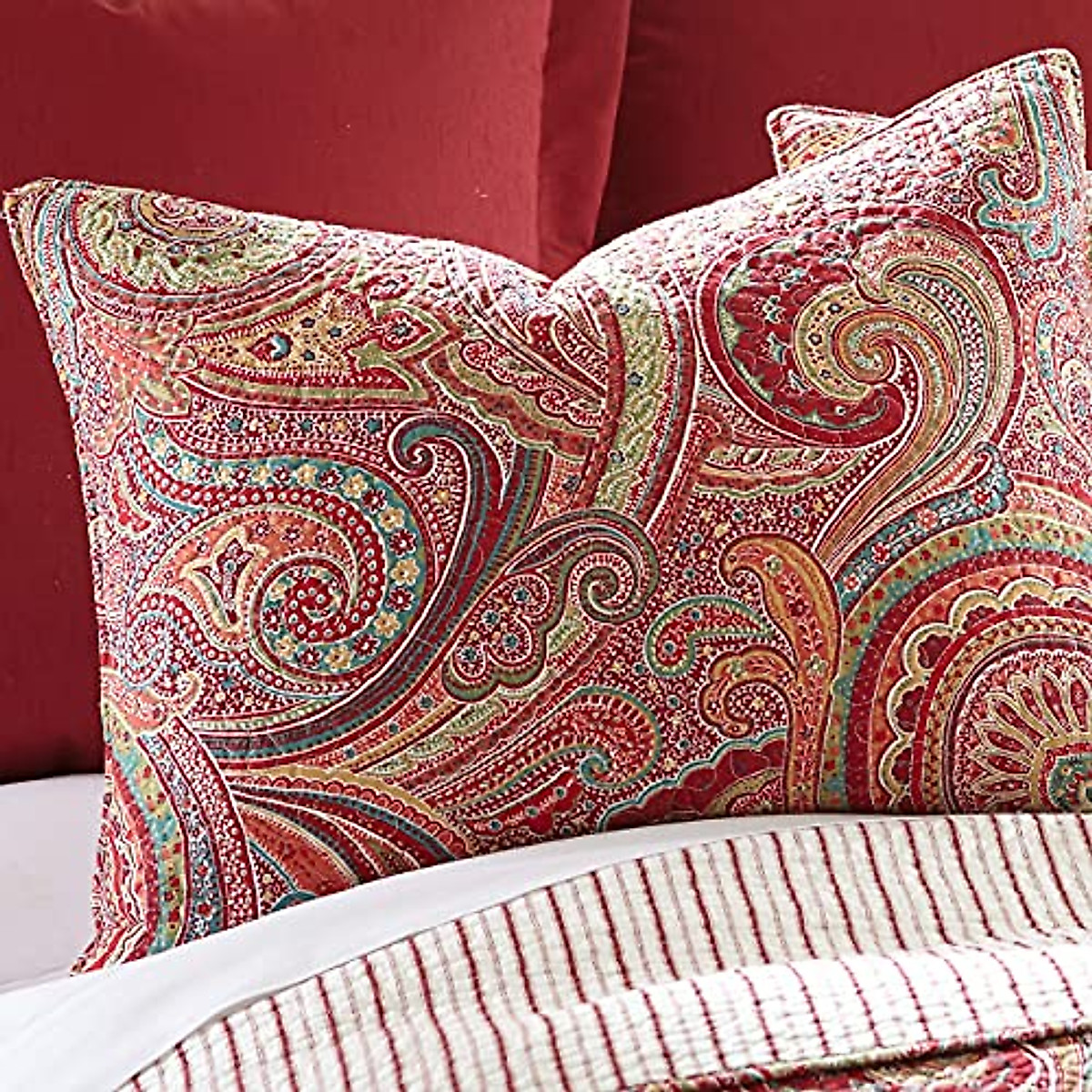 Levtex Home Spruce Red Quilt Set - Full/Queen Quilt + Two Standard Pillow Shams - Paisley Pattern in Burgundy, Red, Tan, Grey -Quilt Size (88 x 92) and Pillow Sham Size (26 x 20Ó)- Reversible -Cotton