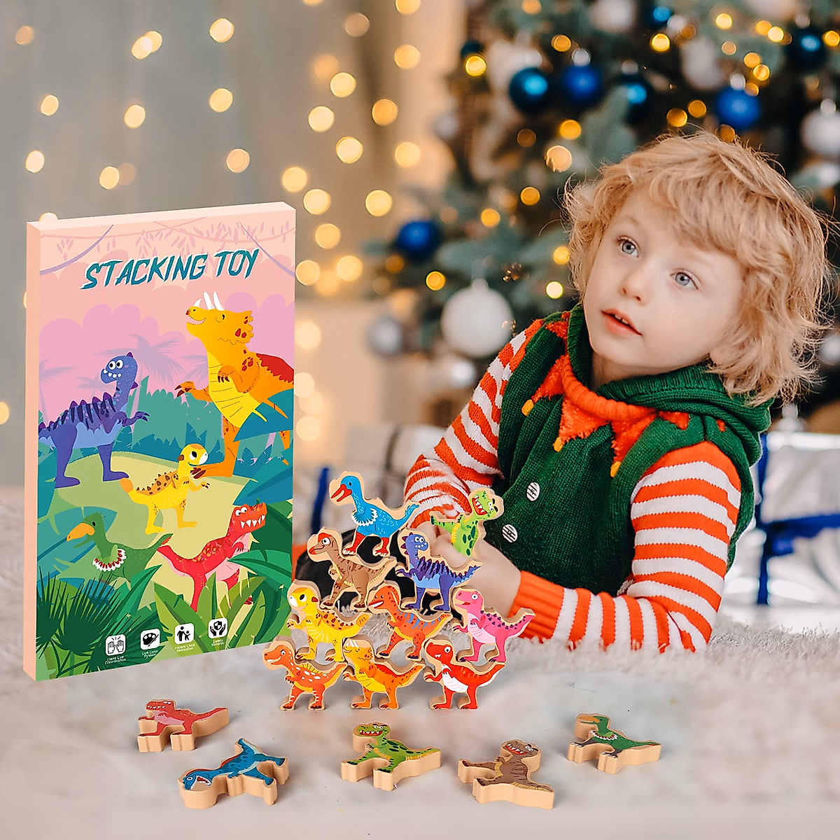 14-Piece 3-Inch Wooden Dinosaur Stacking Toys for Kids 3-7, STEM Educational Party Favors