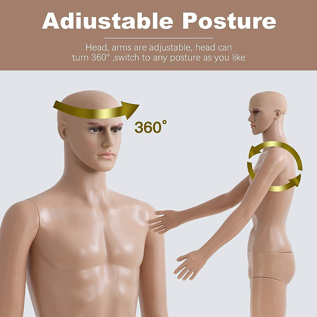 Mannequin Torso Manikin Dress Form Male 73" Adjustable Detachable Realistic Full Body Mannequin Model Display with Metal Base Plastic Head Turns Poseable Adult Dummy Mannequin Stand