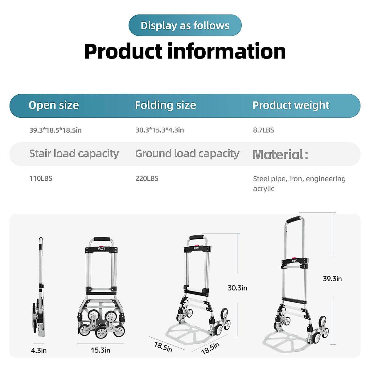 RJTEK 【Upgraded Version】 Stair Climber Hand Truck and Dolly, 220 Lb Capacity Stair Climbing cart Heavy-Duty Trolley Cart Heavy-Duty Luggage cart Stair Dolly Lightweight with Telescoping Handle
