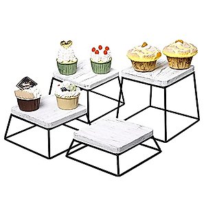 MyGift Cake Display Stand, Whitewashed Wood & Black Metal Square Cupcake Stands Dessert Risers/Retail Display Pedestals, Set of 4
