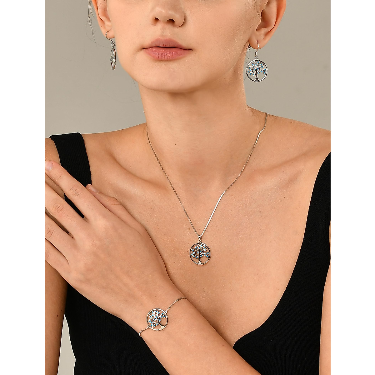 YL Tree of Life Necklace Sterling Silver Created Aquamarine Pendant Round Family Giving Jewelry