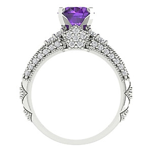 Clara Pucci 2.04ct Round cut Laser Engraving Pave Solitaire Natural Amethyst Engagement Anniversary Ring band set 14k White Gold Size 9