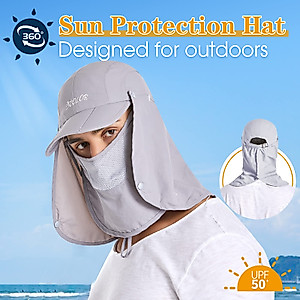 icolor Sun Cap Fishing Hats,Outdoor UPF 50+ Folding Sun Protection Removable Neck and Face Flap Cover for Man Women LightGray