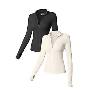 OQQ Womens 2 Piece Long Sleeve Tops Stand Neck Front Zipped Stretch Fitted Underscrubs Tee Shirts Tops Black Beige