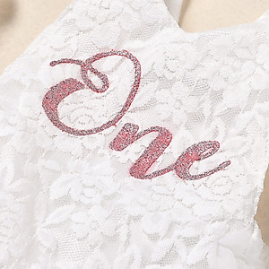 Baby Girl's 1st First Birthday Cake Smash Outfit Flutter Short Sleeve Lace Romper Tutu Tulle Dress Bodysuit with Crown Headband 2pcs Clothes Set One Year Old Party Photo Shooting Props White 9-12M