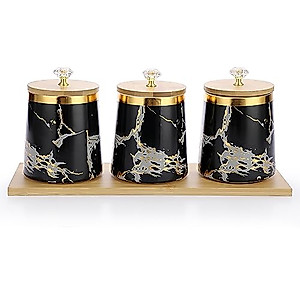 JUXYES Set of 3 Canisters Set for Sugar Coffee Tea with Airtight Lid, Ceramic Storage Containers Sets Black Storage Pots with Tray Storage Jar Decorative Canisters Sets for for Kitchen Counter