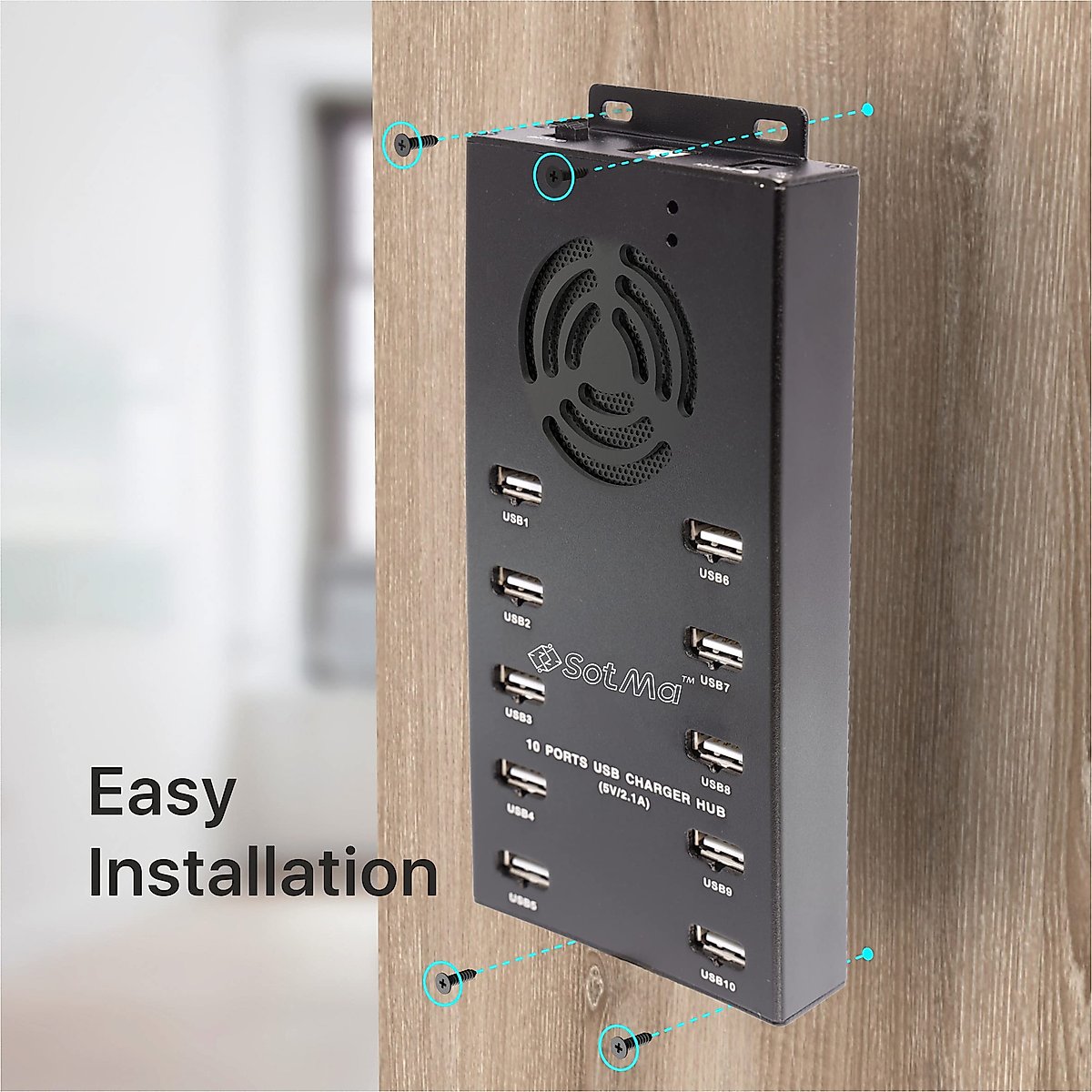 Premium Design USB 2.0 Hub - Multi-Safety Protection 10-Port Powered USB Hub 2.0 with AC Adapter - USB Splitter with Cooling Fan and Mounting Brackets - Aluminum Charging Hub for Multiple Devices