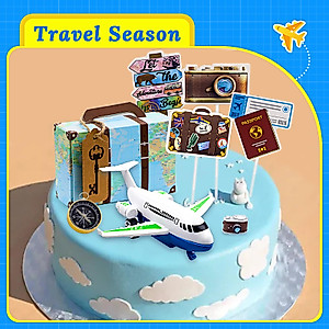 Rismise Travel Theme Cake Toppers Travel Cake Decoration Adventure Travel Cake Cupcake Toppers Airplane Map Camera Heart Mini Suitcase Cake Decorations for Adventure Awaits Travel Themed Party