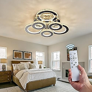 YYJLX Led Ceiling Light with Remote Control Modern 7 Rings Crystal Flush Mount Ceiling Light Fixtures 23inch 3 Color Dimmable and RGB Ceiling Lamp for Living Room Kitchen Dining Room Bedroom.