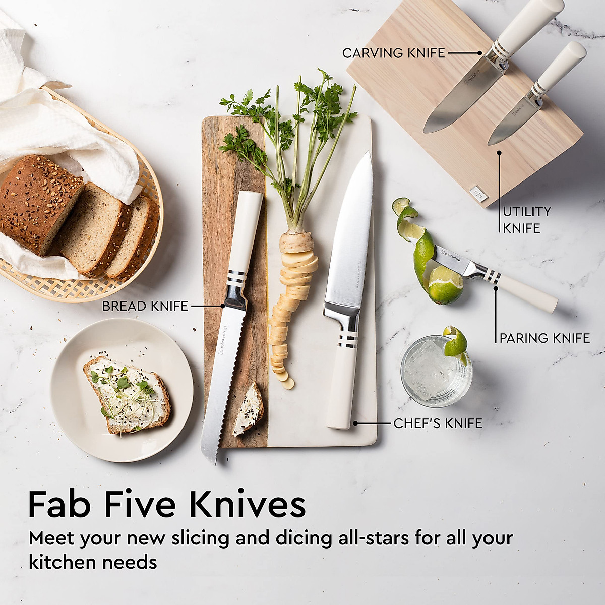 White Knife Set with Magnetic Knife Holder Stand - 6 PC White Magnetic Knife Set Includes White Handle Knife Set with Ashwood Magnetic Knife Block - White Kitchen Accessories, White Kitchen Decor