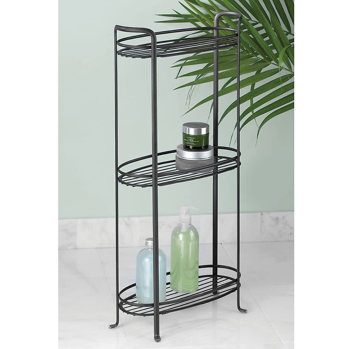 mDesign 3 Tier Vertical Standing Bathroom Shelving Unit, Decorative Metal Storage Organizer Tower Rack with 3 Basket Bins to Hold and Organize Bath Towels, Hand Soap, Toiletries - Black