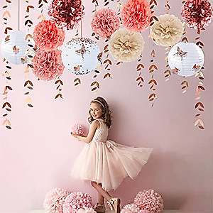 Rose Gold Party Decoration Blush Pink Tissue Flowers Pom Pom Paper Lantern with Leaf Garland 3D Butterfly for Wedding Engagement Birthday Baby Bridal Shower Bachelorette Tea Party Decorations Supplies