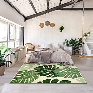 Lukinbox Leaf Indoor Outdoor Area Rugs for Patio, 5x7 Green Washable Living Room Rug Tropical Monstera Plant Non-slip Bedroom Rugs, Large Accent Area Carpets for Dinning Room Porch