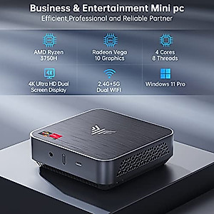 KAMRUI AMD Ryzen 7 3750H Mini PC, Windows 11 Pro 16GB RAM 512 GB SSD Micro Desktop Computers, Radeon RX Vega 10 Graphics, DP 4K Dual Screen, Small Form Factor for Office, Video Editing, Light Gaming