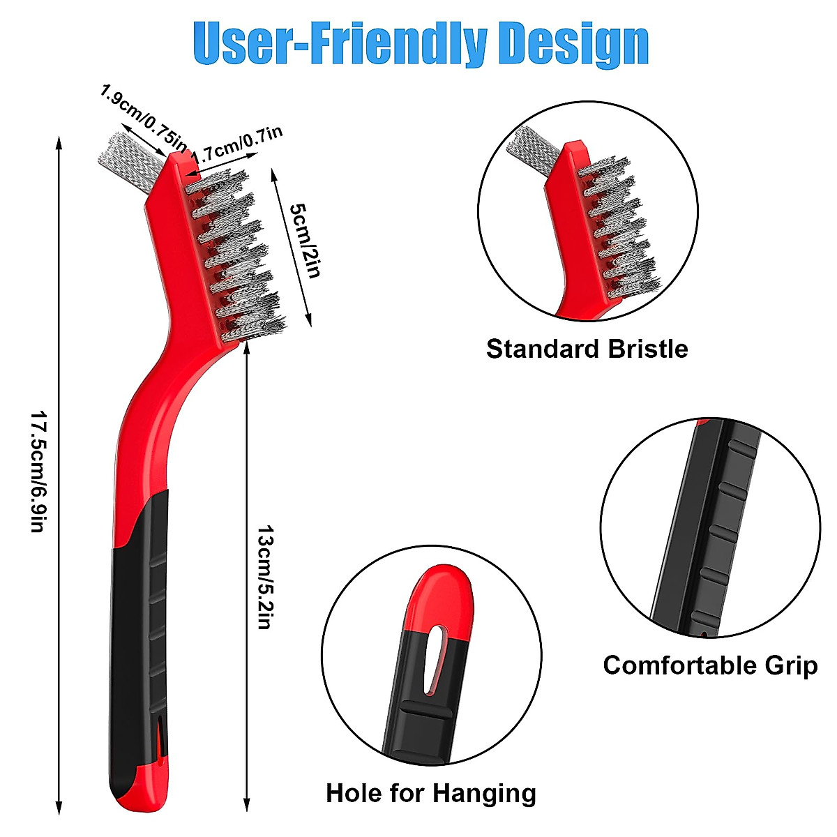 Wire Brush, 6 PCS Wire Brushes for Cleaning Rust, 7-inch Stainless Steel/Nylon/Brass Brush, Premium Wire Brush Set, Small Wire Brush with Curved Handle for Deep Cleaning of Dirt