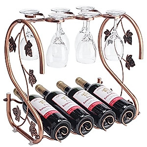 Countertop Wine Rack with Wine Glass Holders, Holds 4 Bottles and 6 Stemwares