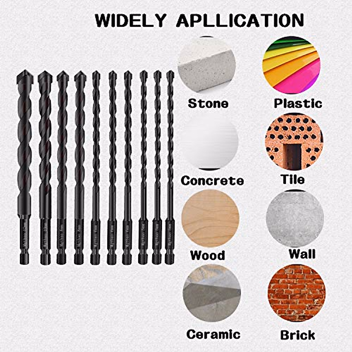 10PCS Masonry Drill Bits Set, Mgtgbao Tile Drill Bit Set for Glass, Brick, Tile, Concrete, Plastic and Wood Tungsten Carbide Tip for Ceramic Tile with Size 5mm 6mm 8mm 10mm 12mm