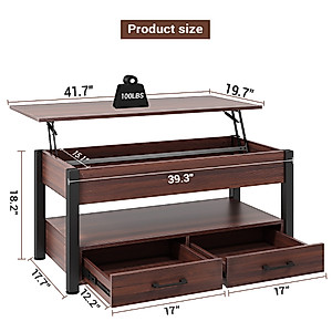Osfvolr Lift Top Coffee Table, Coffee Table with Storage Drawers and Adjustable Metal Legs, Vintage Wood Living Room Tables with Hidden Compartment and Open Shelf, Espresso